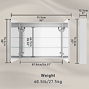 MIRPLUS 36 x 30 inch Medicine Cabinet with LED Vantiy Mirror, Recessed or Surface Mount Anti-Fog Large Storage Double Door Lighted Aluminum Bathroom Cabinet with Touch Switch (Half Light)