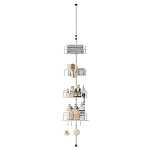 SONGMICS Corner Shower Caddy Tension Pole, 4-Tier Rust-Resistant Shower Organizer, Shower Shelf, No Drilling, 31.5 to 127.2 Inches, Height Adjustable Shelves, for Bathroom, Cloud White UBCB003W01