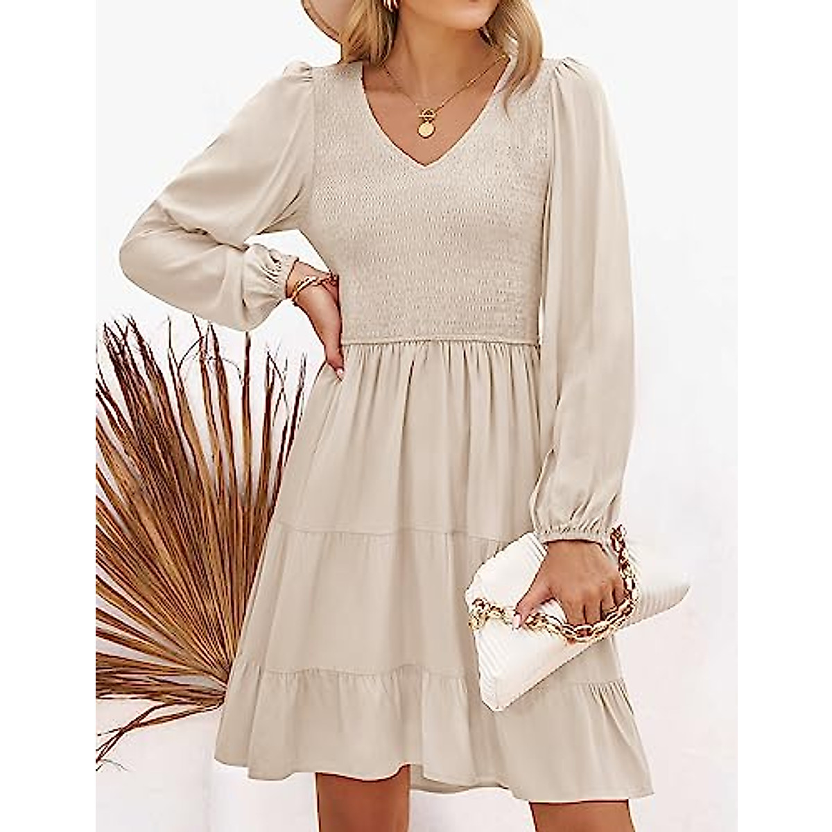 ZESICA Women's Casual V Neck Long Sleeve Smocked High Waist Ruffle A Line Tiered Mini Dress,Beige,Large