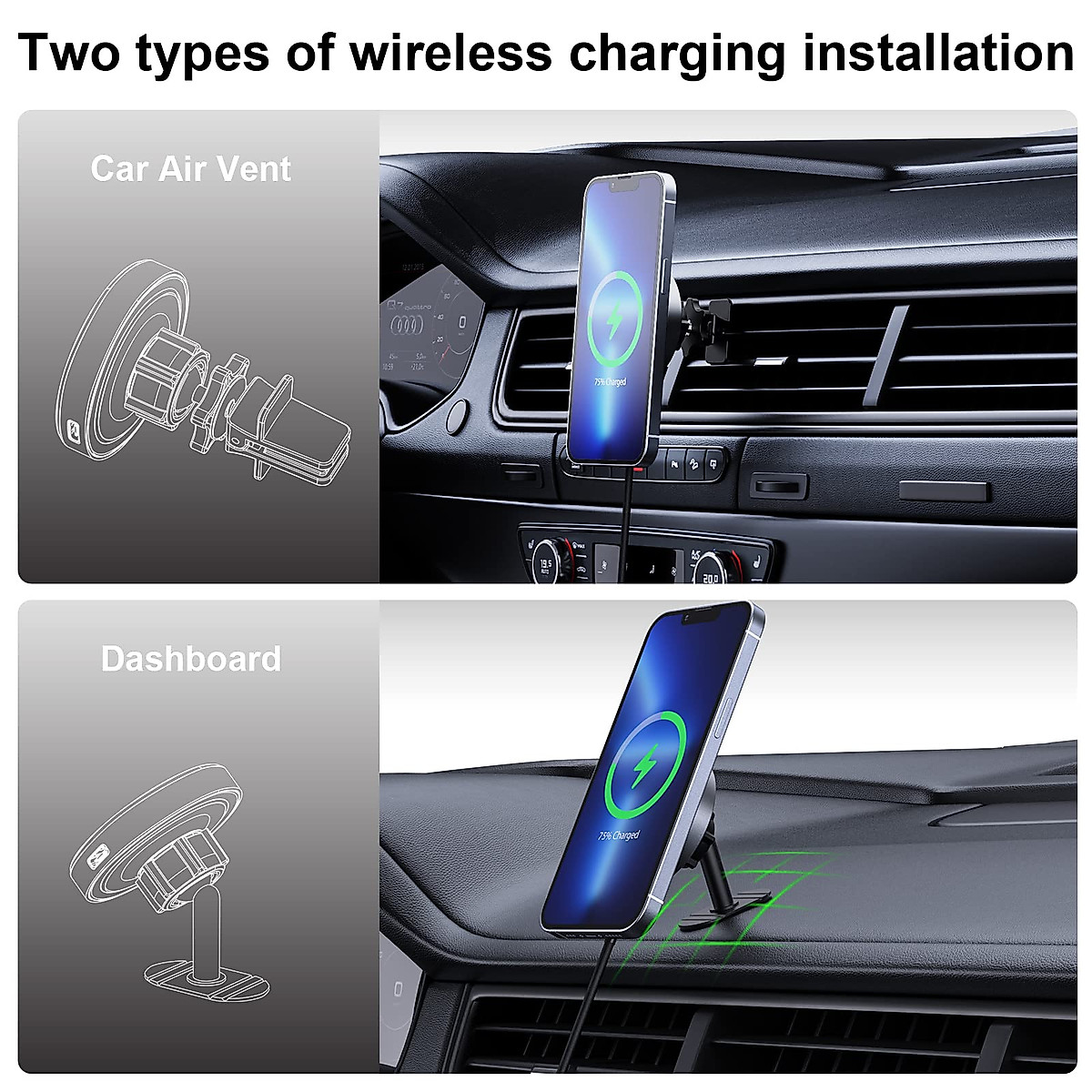 COSDIG Magnetic Wireless Car Charger Mount,15W QC 3.0 Fast Charging Compatible with Magsafe Mount,Stick on Dashboard Air Vent Phone Holder for iPhone 14/13/12 Series & MagSafe Case, BLACK-B, (MC01-B)