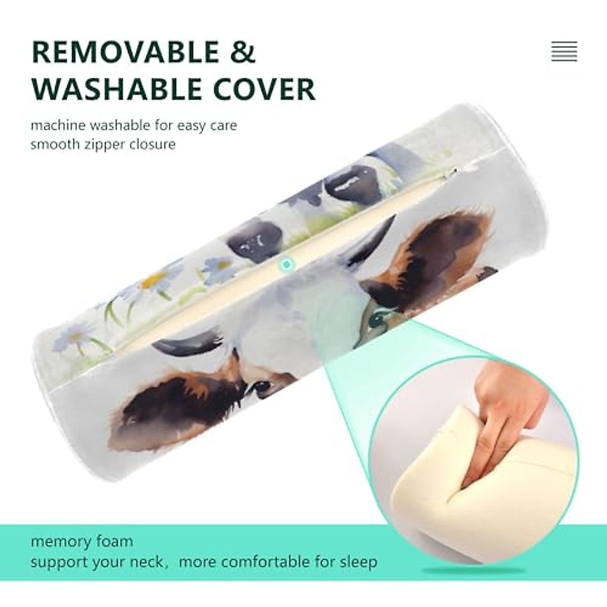 xigua Cow Flower Neck Roll Pillow for Neck Relief with Removable Washable Cover - Memory Foam Round Cylinder Bolster, Ergonomically Designed for Head, Neck, Back, and Legs