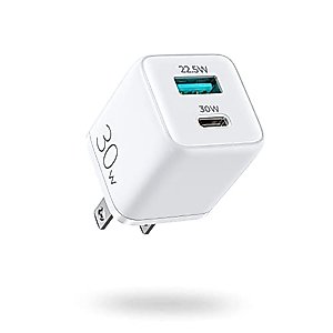 USB C Charger, 30W Mini 2-Port Fast Charger Block [PD&QC 3.0&PPS 25W] GaN+ Wall Charger Adapter Super Fast Charging for iPhone 14/14 Pro/13/12/X/XS/SE/Galaxy S22/Note 20/10+/iPad Pro/Pixel 6
