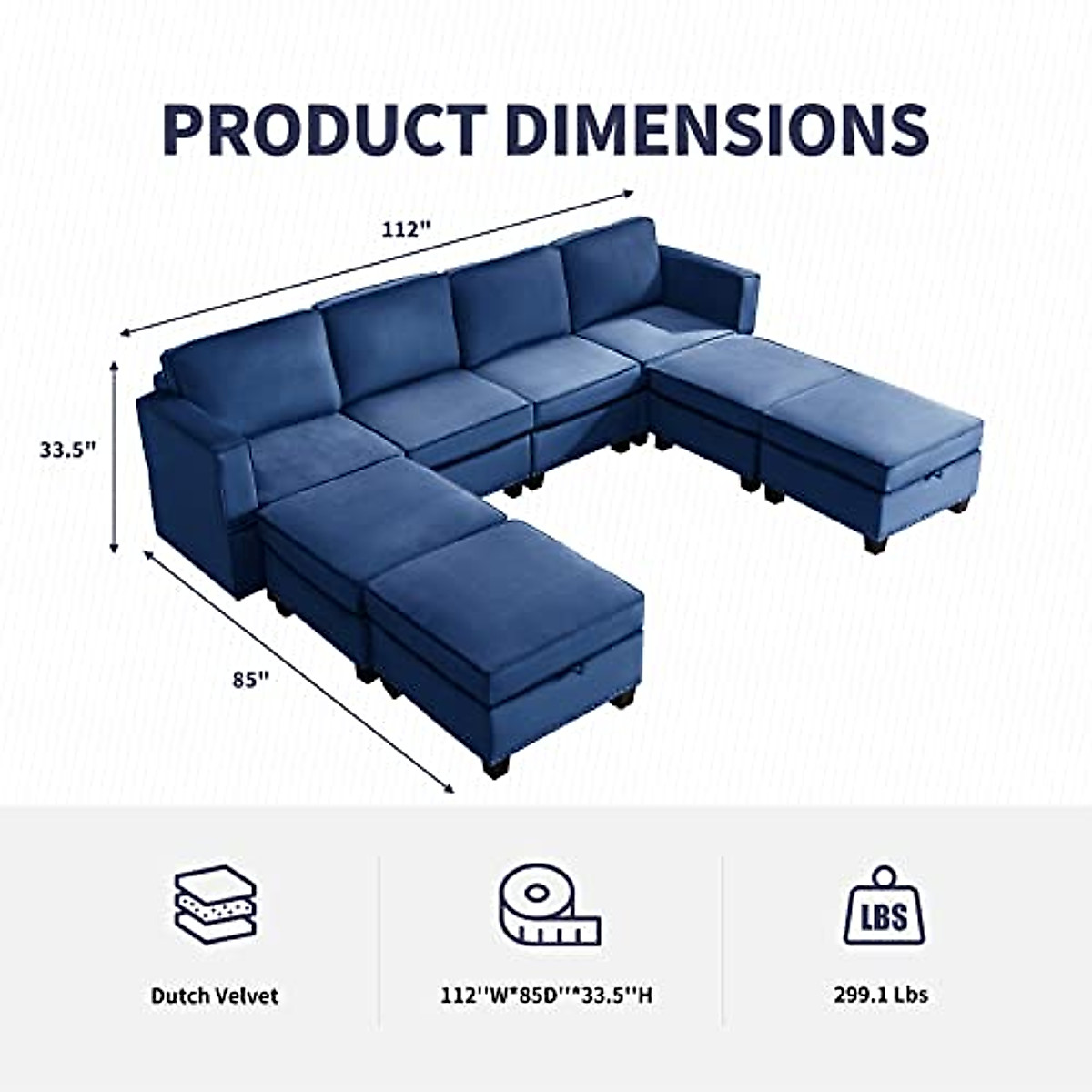 ZAFLY Sectional Sofa, 4 Seat Modular Comfy Couch with 4 Storage Ottomans, Convertible L Shaped U Shaped Couch Queen Sleeper Sofa with Adjustable Backrest Couches for Living Room(Blue)