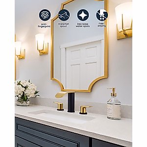 WOWOW Waterfall Bathroom Faucet 3 Holes 8Inch Widespread Bathroom Sink Faucet, Two Handles Lavatory Vanity Sink Faucets with Pop-up Drain & Supply Hoses, Modern Faucet Mixer Taps Black and Gold