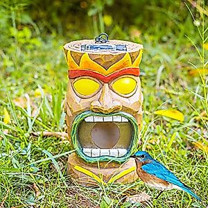 Ovewios Tiki Bird Houses for Outside, Tiki Head Solar Powered LED Light Waterproof Resin Statue Decorations Hanging Bird House for Outdoor Garden Yard Patio Tree Ornament, Green