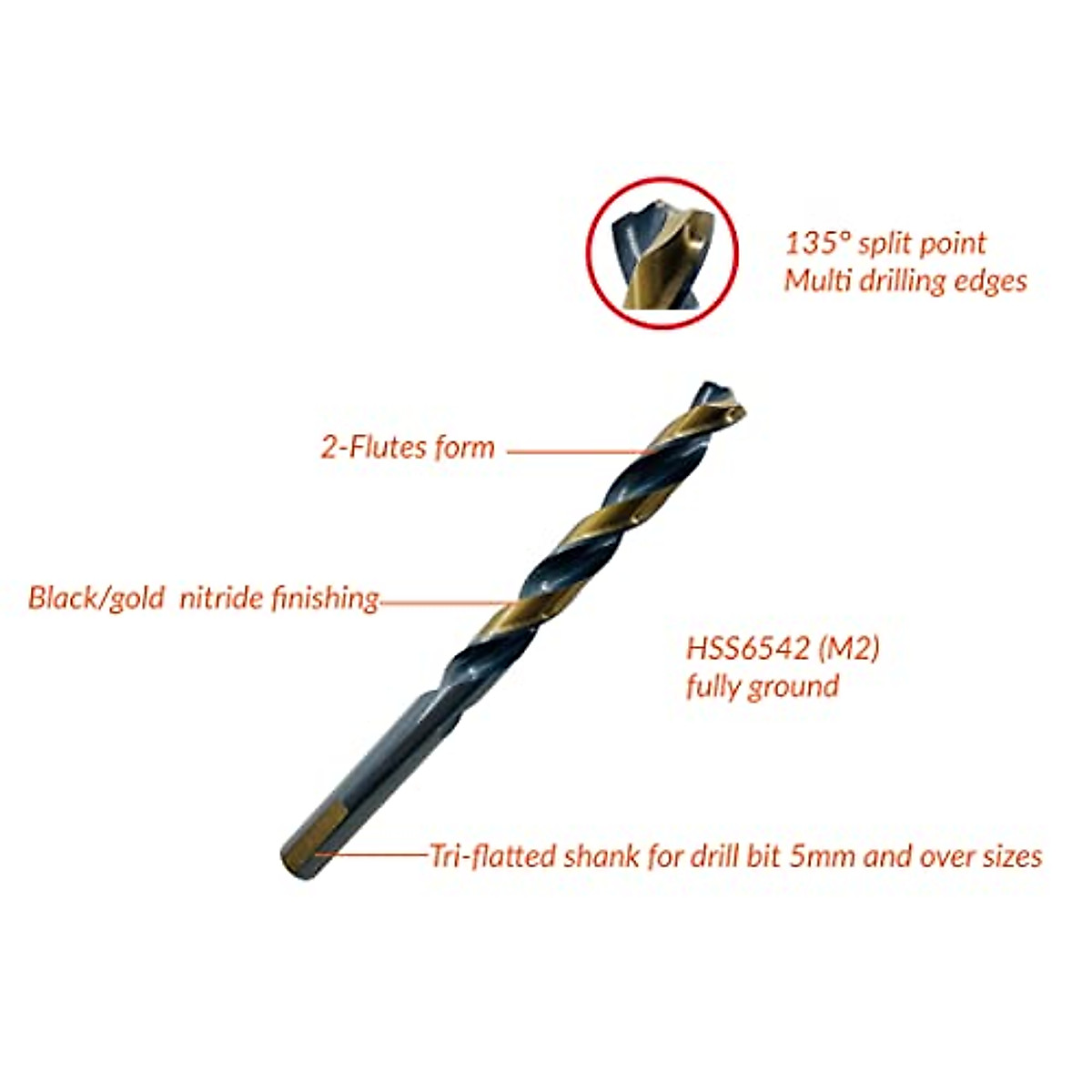 NordWolf 19-Piece Metric HSS M2 Fully Ground Twist Jobber Drill Bit Set, Multi-Drilling Edges Double Flute Tri-Flatted Shank Black Gold Finishing in Heavy Duty Injection Plastic Box, Sizes 1mm to 10mm