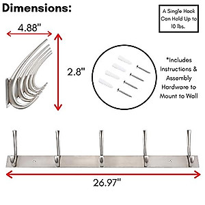 BIRDROCK HOME Premium 5-Hook Stainless Steel Coat and Hat Rack for Wall - Set of 2 - Front Door Organizer - Mounted Hanger for Jackets, Clothes, Hats, Towel - Silver Dual Hooks - Brushed Nickel Finish