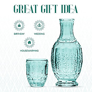 Elle Decor Vintage Bedside Water Carafe with Tumbler Glass – Elegant Pitcher and Matching Drinking Cup Doubles As Lid (Green)