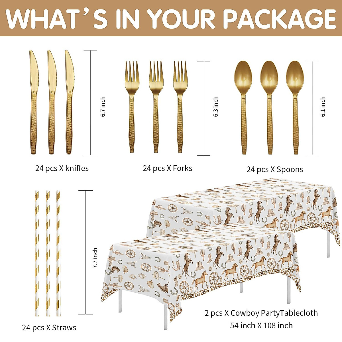 APOWBLS Western Cowboy Birthday Party Decorations Dinnerware - Wild West Party Supplies, Plate, Cup, Napkin, Cutlery, Tablecloth, Western Cowboy Rodeo Birthday Baby Shower Decorations | Serve 24