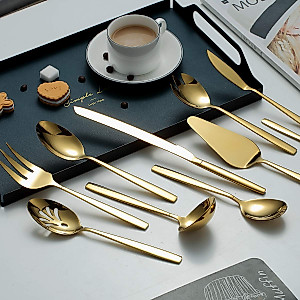 Berglander Gold Serving Utensils 10 Pieces, Titanium Golden Plating Serving Spoons, Included Cake Knife Cake Server Serving Forks Sugar Spoon Salad Spoon Forks Butter Knife Gravy Ladle ect.