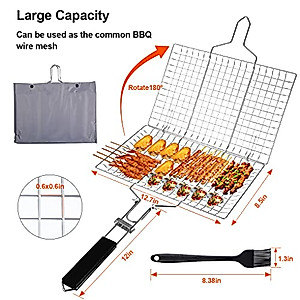 Grill Basket - Stainless Steel BBQ Grilling Basket, Foldable BBQ Basket with Detachable Handle, Portable Barbecue Grid for Fish Steak Vegetable Shrimp Including Basting Brush & Storage Bag (32x22cm)