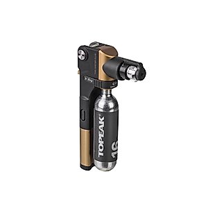 Topeak Tubi Master+, compact tubeless tire repair kit with 3.5mm plug tool, plugs, CO2 inflator, one 16g CO2 cartridge, and knife, strap mount