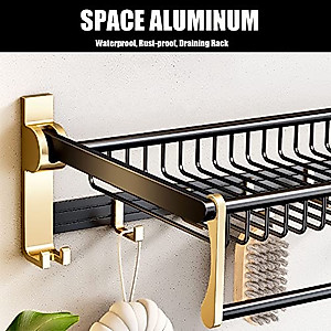 24HOCL 24 Inch Foldable Towel Rack Wall Mounted with Towel Bar/Basket, Bath Towel Shelf with Movable 7 Hooks for Bathroom Hotel Lavatory (Black+Gold)