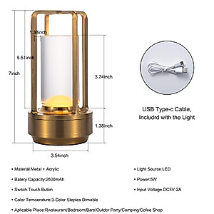 Cordless Portable LED Table Lamp， Rechargeable Battery Operated Desk Lamp with Touch Sensor (2600mAh), Three-Level Dimmable Suitable for Bars/Cafes/Restaurants/Bedrooms/Camping Sites (Gold)