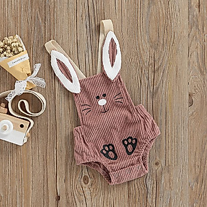WASAIGOOD My First Easter Baby Romper Newborn Boys Girls Corduroy Backless Romper Bodysuit Rabbit Ears Suspender Overalls (Pink,6-9 Months)