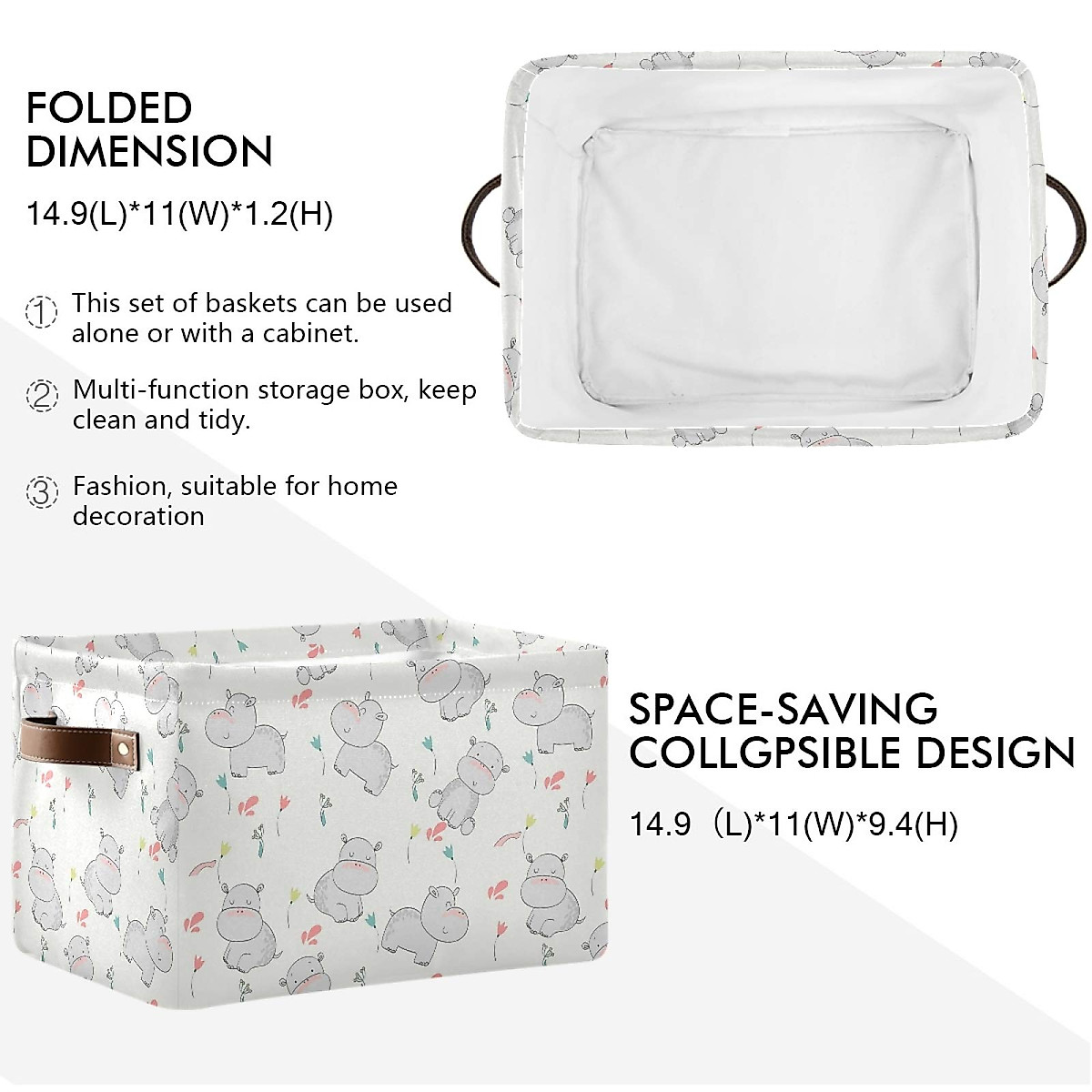 2 Pack Storage Basket Cute Hippo Collapsible Organizer Basket with PU Handles, Waterproof Nursery Basket Storage Bin for Shelves for Organizing Closet