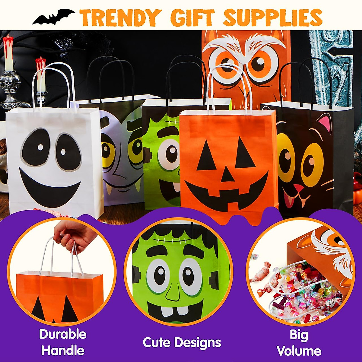 JOYIN 24 Pcs Halloween Colorful Bags with Handles, Paper Gift Bags for Trick-or-Treating, Halloween Party Favors and Supplies, Halloween Goodie Bags, Halloween Candy Bags
