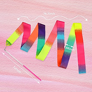 Abeillo 2pcs Rhythmic Dance Ribbons, 78.7 Inch Gymnastics Ribbon Dancer Wand Dancing Ribbon Streamers for Kids, Fits Artistic Dancing Gymnastics, Circus Carnival Shows, Baton Stick Twirling (Rainbow)