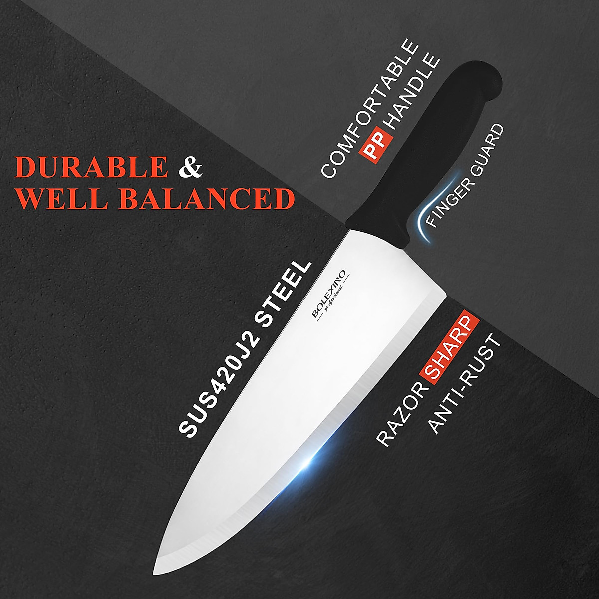 BOLEXINO Chef Knife,10 inch High Carbon Stainless Steel Kitchen Knife, Sharp Cutting Knife W/Ergonomic Handle for Household or Business (Black)