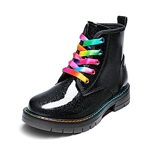 DREAM PAIRS Girls Boys Glitter Ankle Boots Side Zipper Combat Shoes with Lace Up for Toddler/Little Kid/Big Kid,Size 2 Little Kid,Black/Pu,SDBO2220K