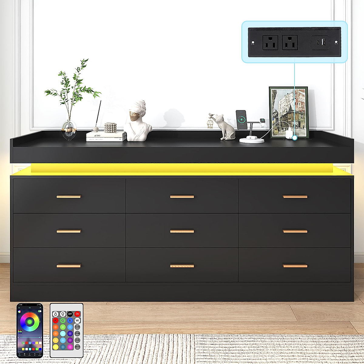 jiteentarou 9 Drawer Dresser with Charging Station and LED Lights, Modern Chest of Drawers with Power Outlet, Organizer Cabinet for Bedroom, Living Room, Entryway, Black