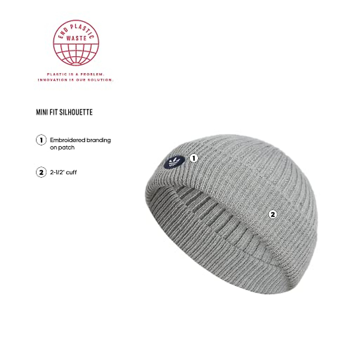 adidas Originals Short Fit Sport Beanie, Heather Grey/Night Indigo/White, One Size