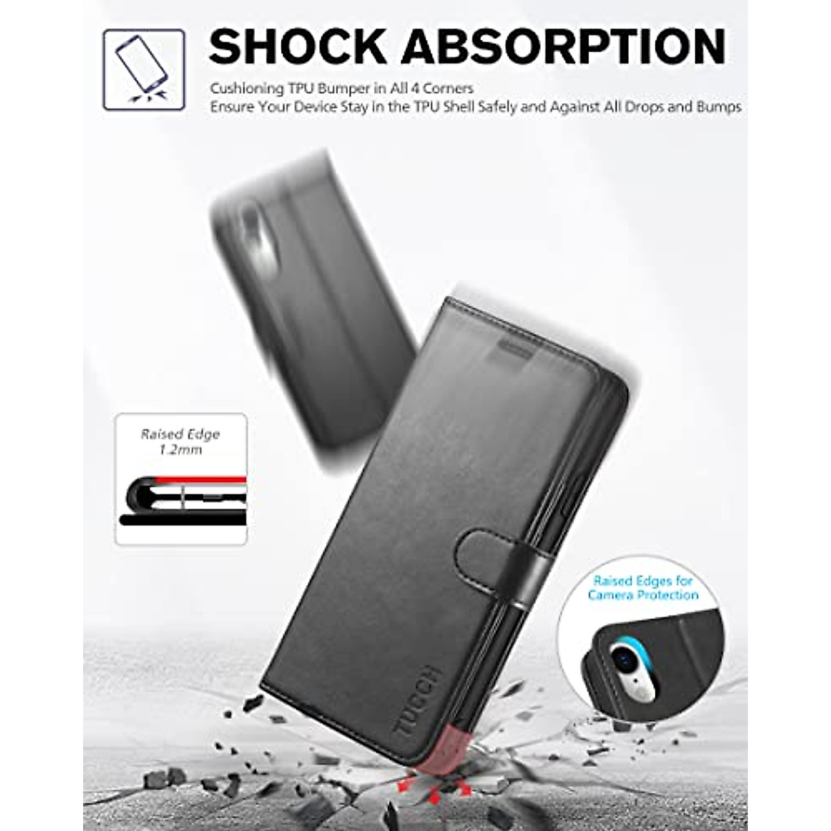 TUCCH iPhone XR Wallet Case, iPhone XR Case, Premium PU Leather Flip Cover [Shockproof TPU Shell] with Stand RFID Blocking Credit Card Slot Wireless Charging Compatible with iPhone XR 6.1, Black