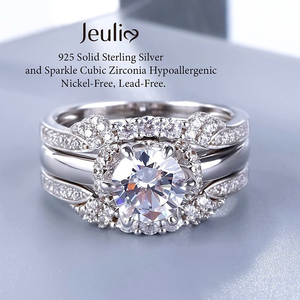Jeulia 3PC Ladies Classic Round Cut Sterling Silver Rings Set Engagement Anniversary Wedding Band Ring Set With Jewelry Gift Box for Women (8)
