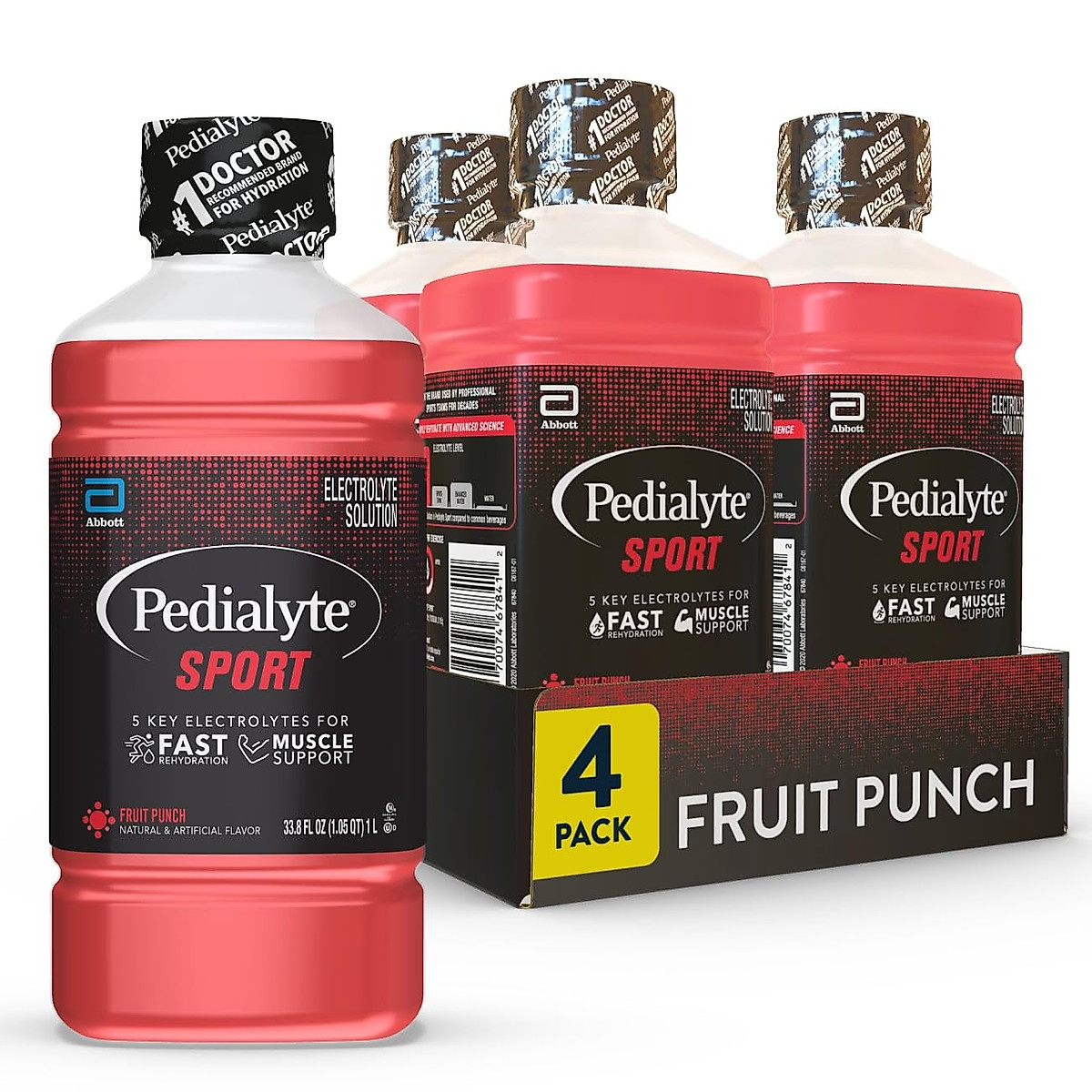 Pedialyte Sport Electrolyte Drink, Fast Hydration with 5 Key Electrolytes for Muscle Support Before, During, & After Exercise, Fruit Punch, 1 Liter, Pack of 4