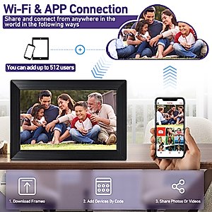 FRAMEO 10.1 inch WiFi Digital Photo Frame 1280x800 HD IPS Touch Screen, Digital Picture Frame with 32GB Internal Memory, Auto-Rotate, via Frameo App from Anywhere, Black