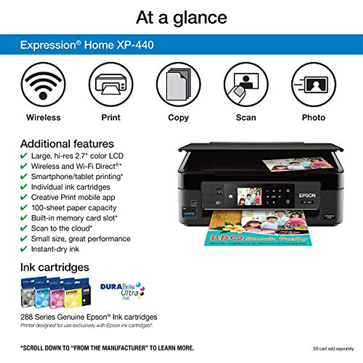 Epson Expression Home XP-440 Wireless Color Photo Printer with Scanner and Copier, Amazon Dash Replenishment Ready