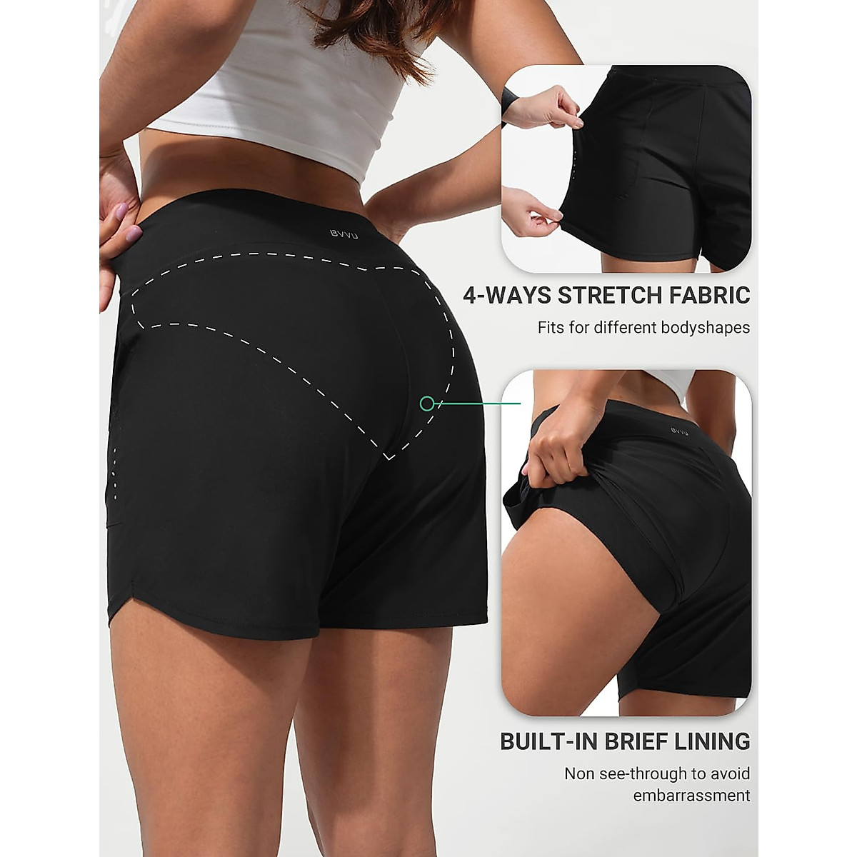 BVVU Women's 5 inch Swim Board Shorts Tummy Control Swimsuit Bottoms UPF50+ High Waisted Beach Shorts for Women with Liner Black