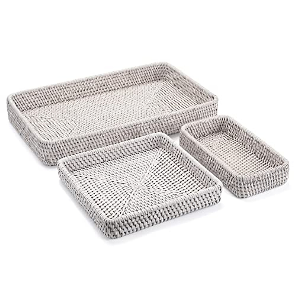 Rattan Serving Tray, Rectangular Woven Tray, Natural Wicker Decorative Serving Baskets for Organizing Tabletop Bathroom Kitchen Counter (White)