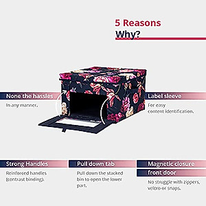 Foldable Clothes Storage Bag Organizer Dual Access Magnetic Bins Strong Handle Quality Fabric for Collapsible Closet Boxes Under the Bed Linen Bedding Blankets (Navy floral, SML Combo 3 pack)