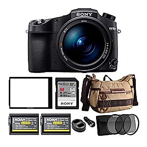 Sony CyberShot RX10 IV Digital Camera Bundle with LCD Protector, 72mm 3-Piece Filter Kit, 64GB Memory Card, Two-Pack Rechargeable Battery and Dual Charger, and 21 DSLR Shoulder Gadget Bag (6 Items)