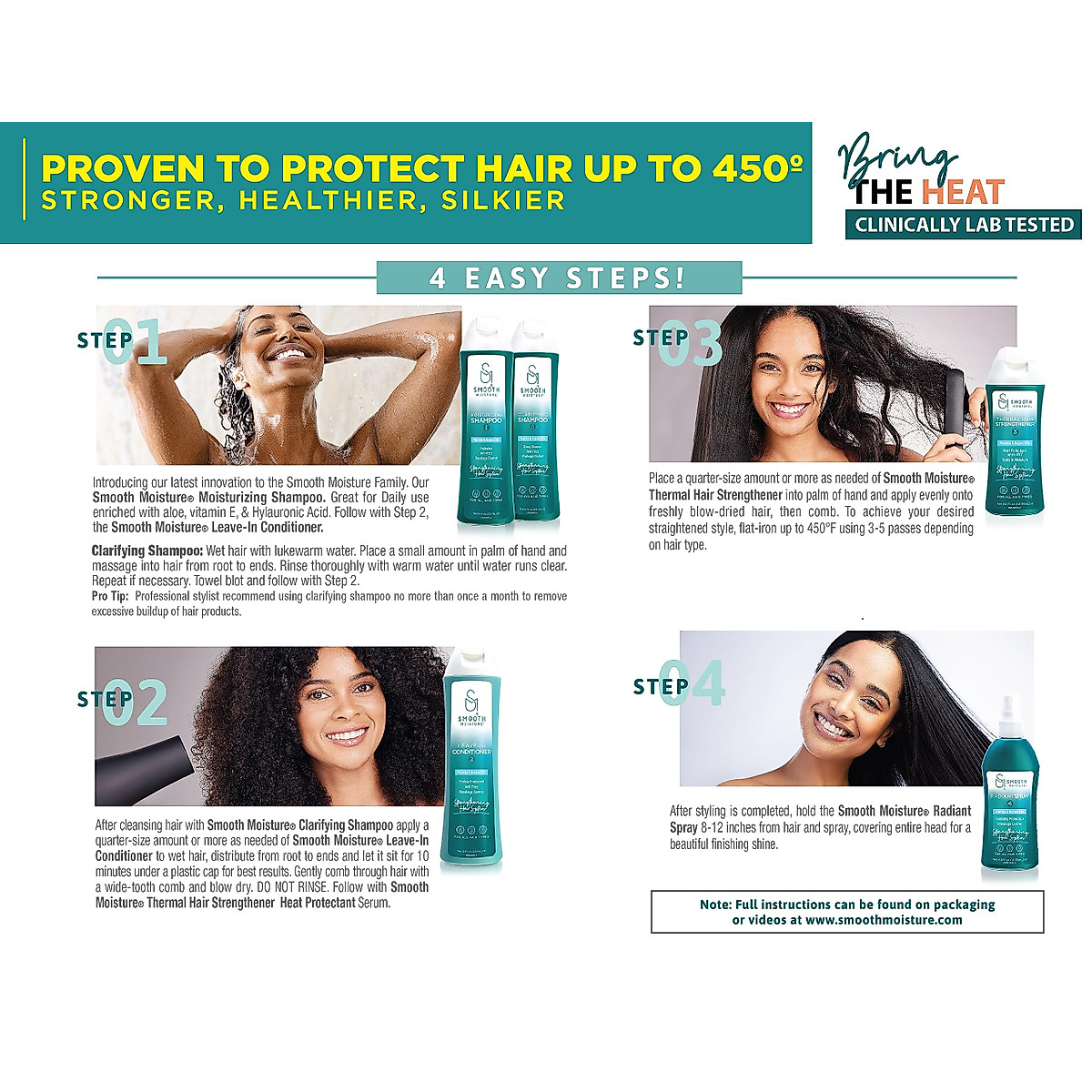 SMOOTHMOISTURE 4 Product Bundle - Shampoo, Conditioner, Serum and Finishing Spray. The 4 Easy Steps for Smooth, Silky, Shiny Hair.