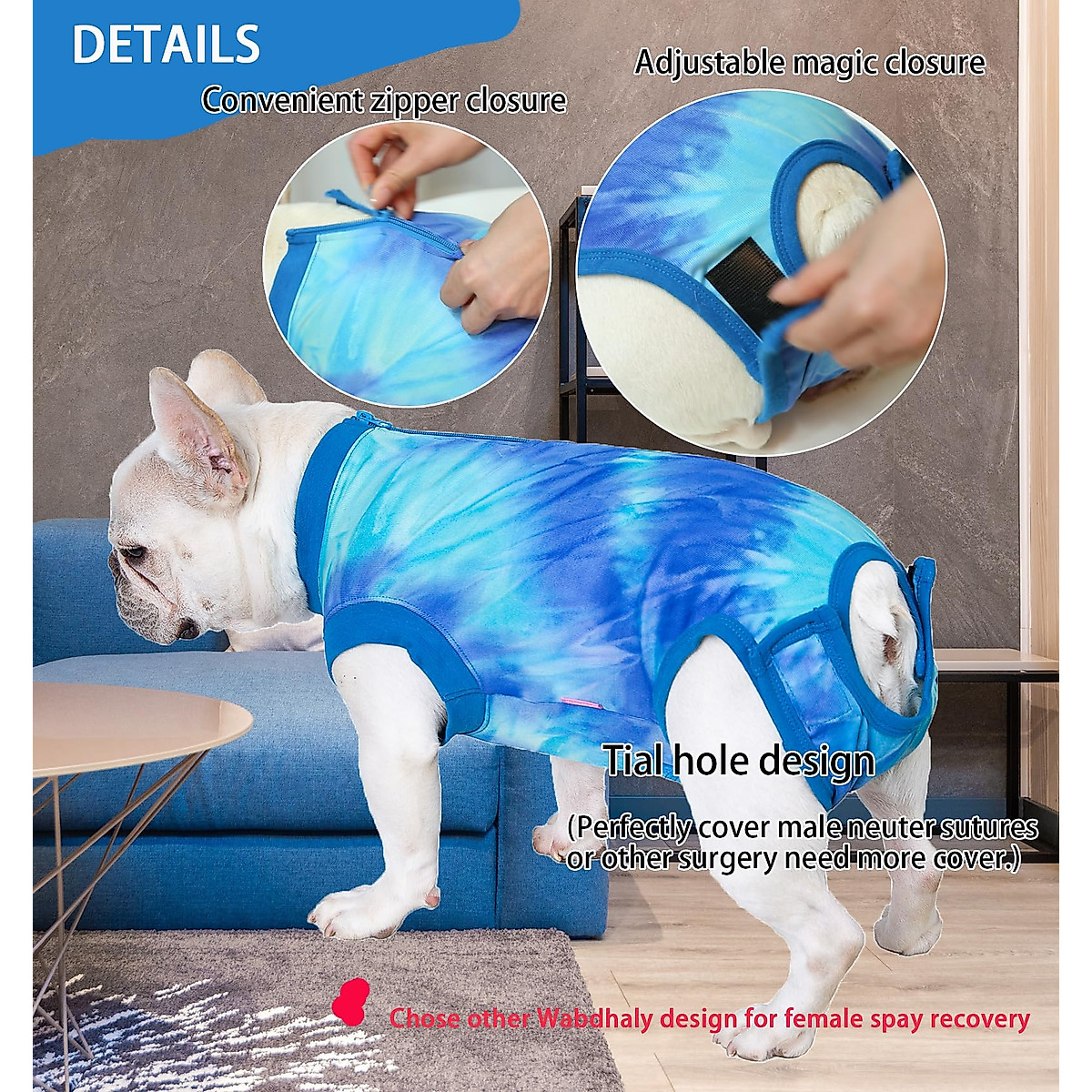 Wabdhaly Dog Zipper Recovery Suit for Male Neuter Surgery,Male Dog Recover Onesie,Dogs Abdominal Wounds Sutures Bodysuit,E-Collar & Cone Alternative Surgical Large Recovery Suit,Tie Dye Blue Small