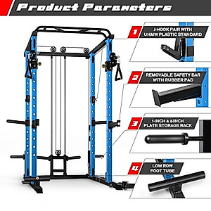 RitFit Multi-Function Power Rack Cage PPC03 with Adjustable Cable Crossover System,1000LBS Capacity, Full Home Gym Workout with J-Hook, Landmine and Other Attachments-Blue