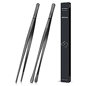 2 Pcs 12-inch Cooking Tweezers Tongs Precision Serrated Tips, Stainless Steel Professional Chef Tweezer Kitchen Tools for BBQ, Plating and Serving (Black)
