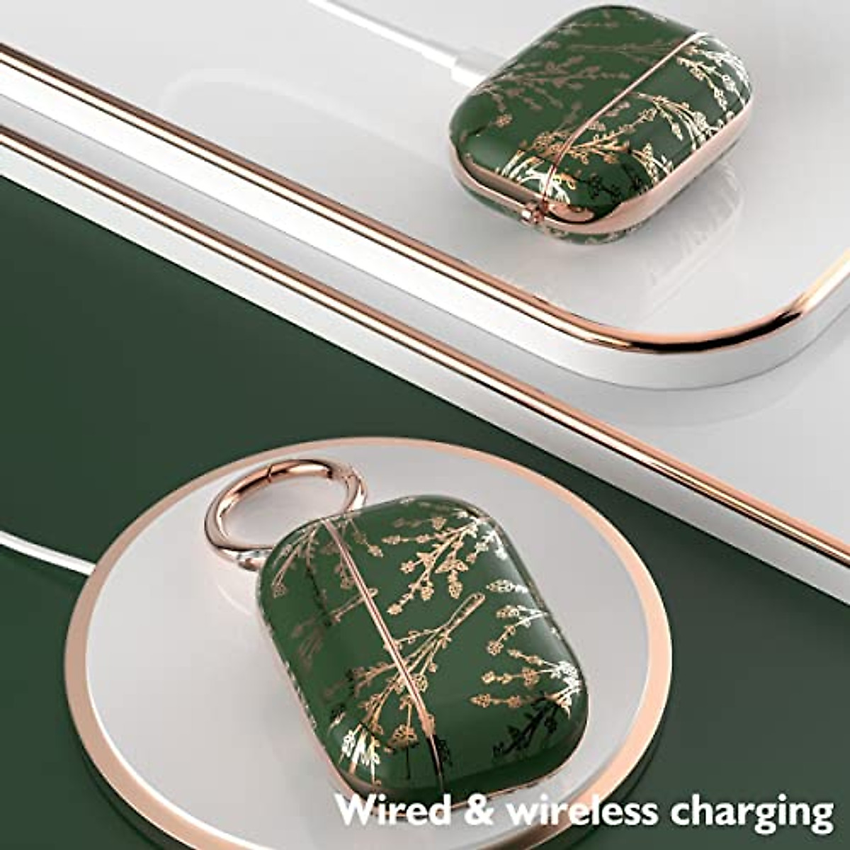 TATOFY Case Cover for AirPods Pro 2019,Stylish AirPods Pro Case for Women Girls, Flower Patterns Protective Hard Case with Clip （Golden Green）