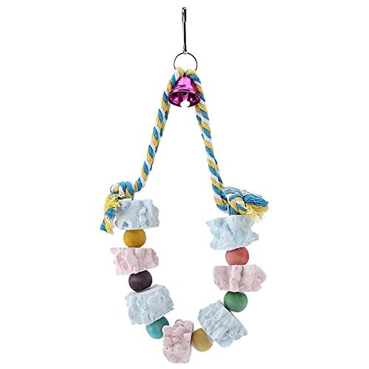Bird Chew Toy, Colorful Mineral Stone Molar Toy with Bell Pet Birds Beak Grinding Swing for Macaw African Grey Amazon Cockatoo Budgie Parakeet Cockatiel Lovebird