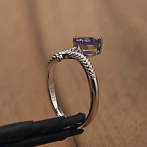 LUO S925 Sterling Silver Snake Ring Pear Shaped 7X5 MM Amethyst Ring Retro Animal Ring for Women US Size 4