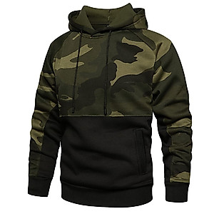 DUOFIER Men's Workout Contrast Raglan Sleeve Shirt Hooded Sweatshirt, Camo Black-S