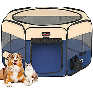 Dog Playpen, Cat Playpen - Foldable Pet Playpen with Carrying Case, Portable Pet Tent for Indoor/Outdoor Use | Water Resistant | Removable Shade Cover - (Blue, Small)