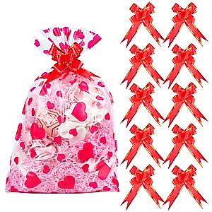 Kolewo4ever 40pcs Heart Cellophane Basket Bags Set 20pcs Heart Cellophane Wrap Clear Basket Bags With 20pcs Red Pull Bows for Valentine, Weddings, Bridal or Baby Showers (12x18inches)
