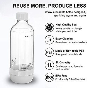 pinci Reusable Soda Stream 1-Liter Carbonating Bottles,BPA-Free Sparkling Water Bottle,Compatible Soda-stream Water Maker(White)