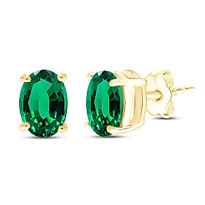 AFFY 8X6MM Oval Shape Birthstone Simulated Emerald Solitaire Stud Earrings With Friction Back for Women In 14K Yellow Gold Over Sterling Silver (VVS1- VVS2 Clarity)