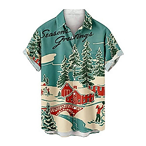 Lcxifdre Men’s Bowling Shirt Christmas Short Sleeve Button Up Shirts Xmas Santa Printing Plus Size T Shirts Loose Undershirts Light Blue