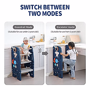 UNICOO –Kids Kitchen Step Stool with Double Safety Rails, Toddler Learning Stool with 3 Adjustable Heights and Non-Slip Foot Pads, Toddler Tower for Kitchen Countertop and Bathroom (OMLT-Dark Blue)