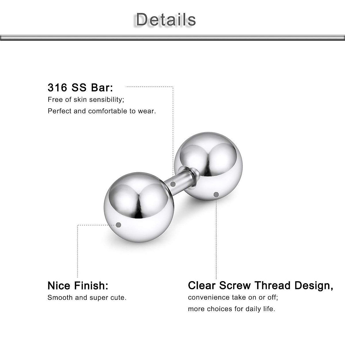 Yaalozei 14G Big Piercing Balls PA Ring Piercing Jewelry 316L Surgical Stainless Steel Externally Threaded Straight bar Barbell Tragus Helix Ring Cartilage Lobe Earring piercing Jewelry Women Men 6mm
